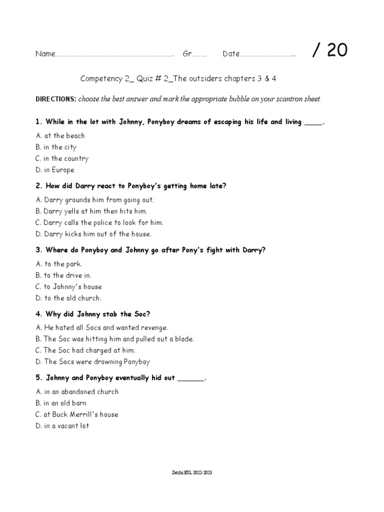 The Outsiders Quiz#2 | PDF