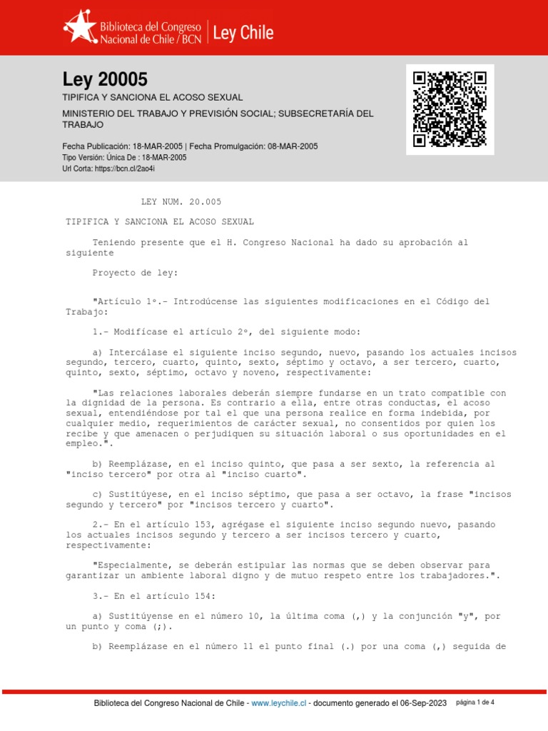 Ley 20005 - 18 Mar 2005 | PDF | Daños y perjuicios | Acoso sexual