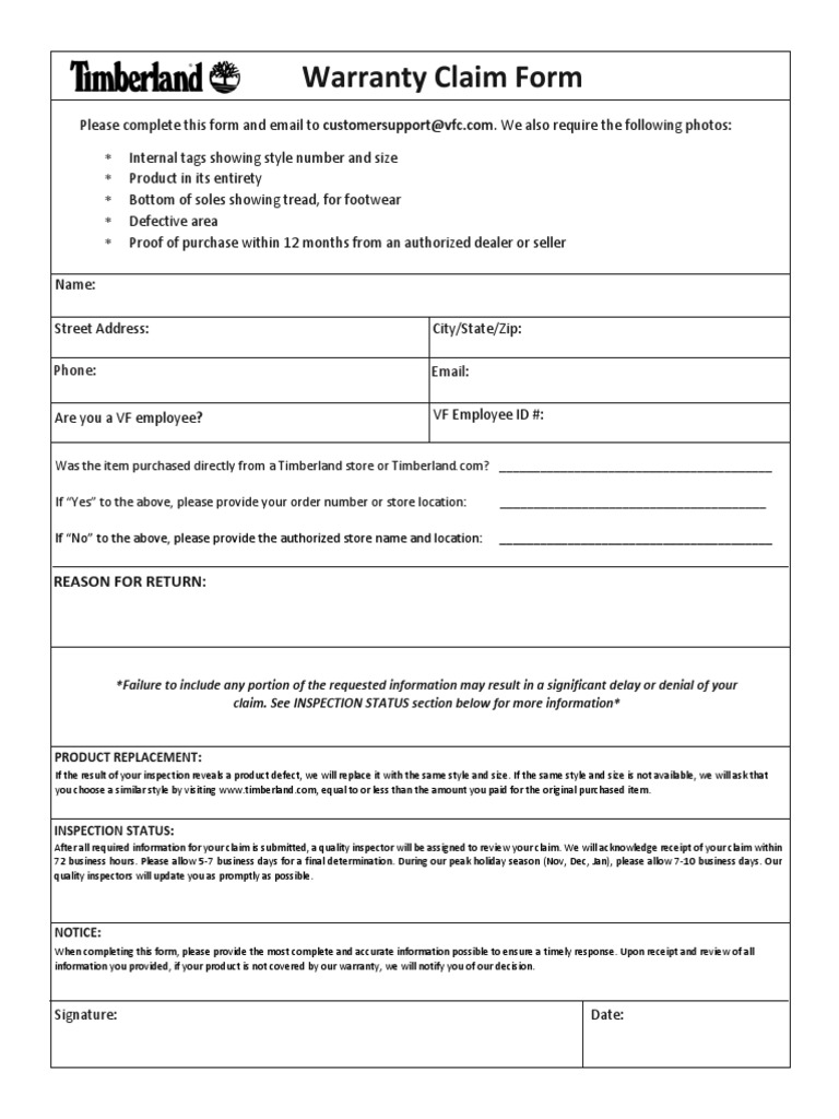 Timberland Pro Warranty Claim Form - 2020 01 09 | PDF