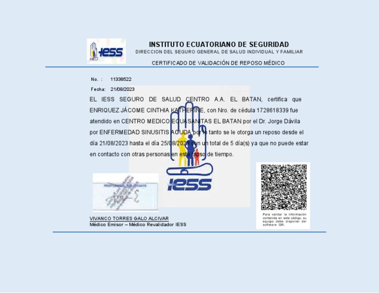 Instituto Ecuatoriano de Seguridad: Certificado de Validación de Reposo ...