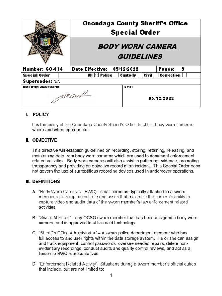 SO-034 Body Warn Camera Guidelines | PDF | Sheriffs In The United ...