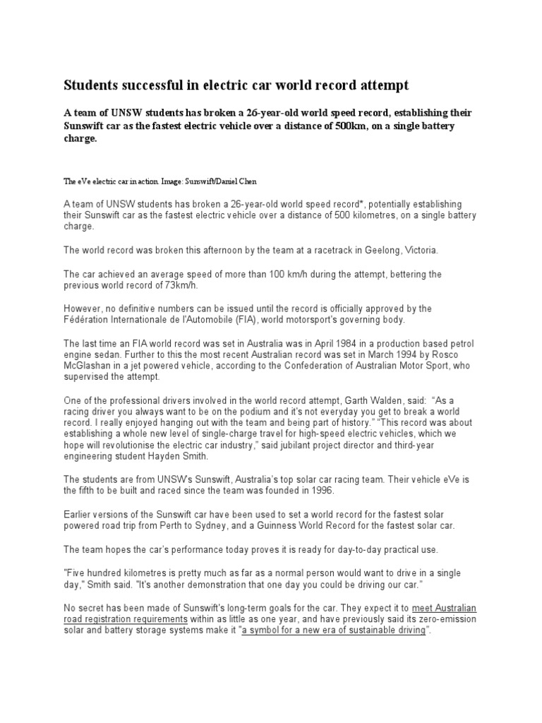 Students Successful in Electric Car World Record Attempt | PDF ...