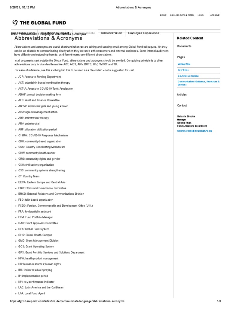 The Global Fund Abbreviations & Acronyms | PDF | President's Emergency ...
