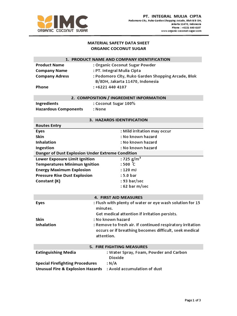 20 MSDSCoconutSugarPowder | Download Free PDF | Toxicity | Firefighting