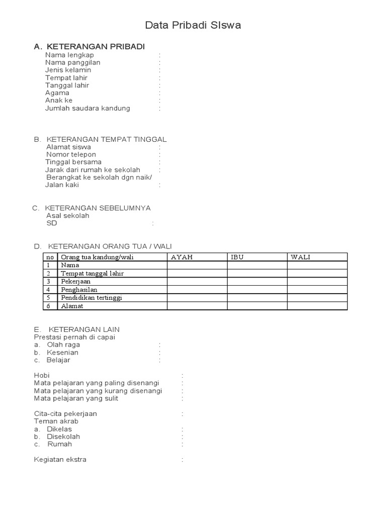 Format Data Pribadi SIswa | PDF