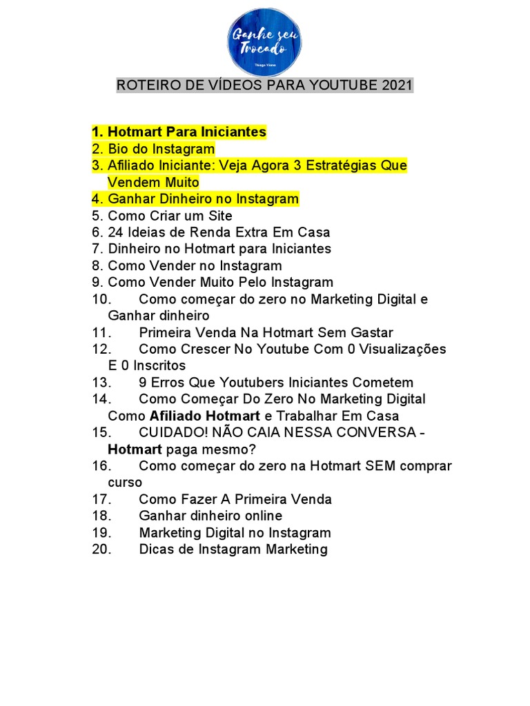 Roteiro de Vídeos para Youtube 2021 | PDF | Negócios