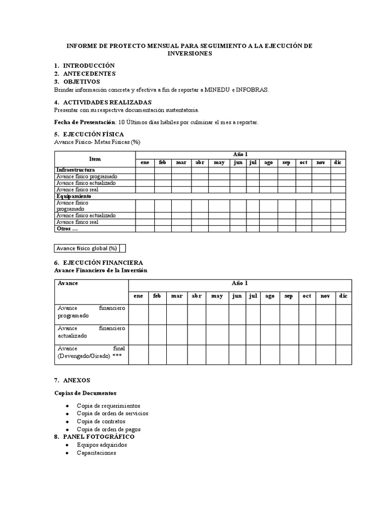 Informe de Proyecto Mensual para Seguimiento A La Ejecución de ...