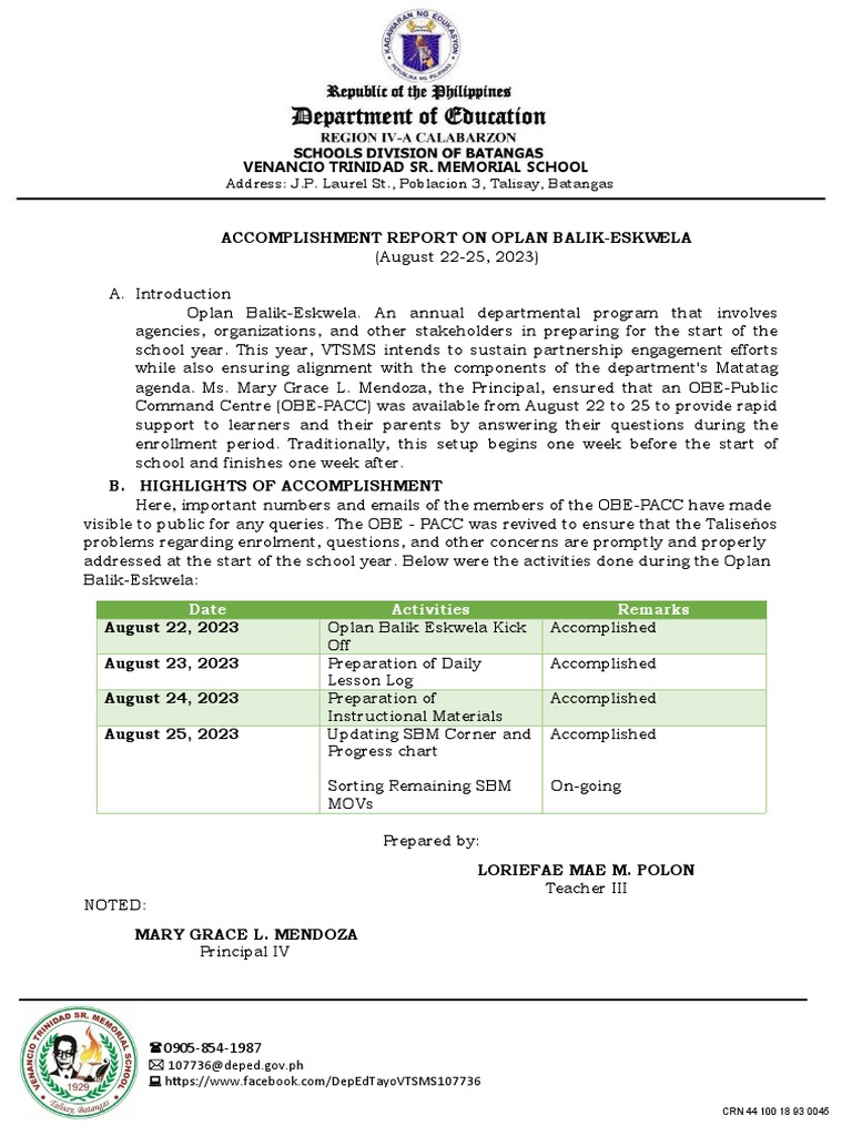 Oplan Balik Eskwela Accomplishment Report | PDF | Learning | Behavior Modification