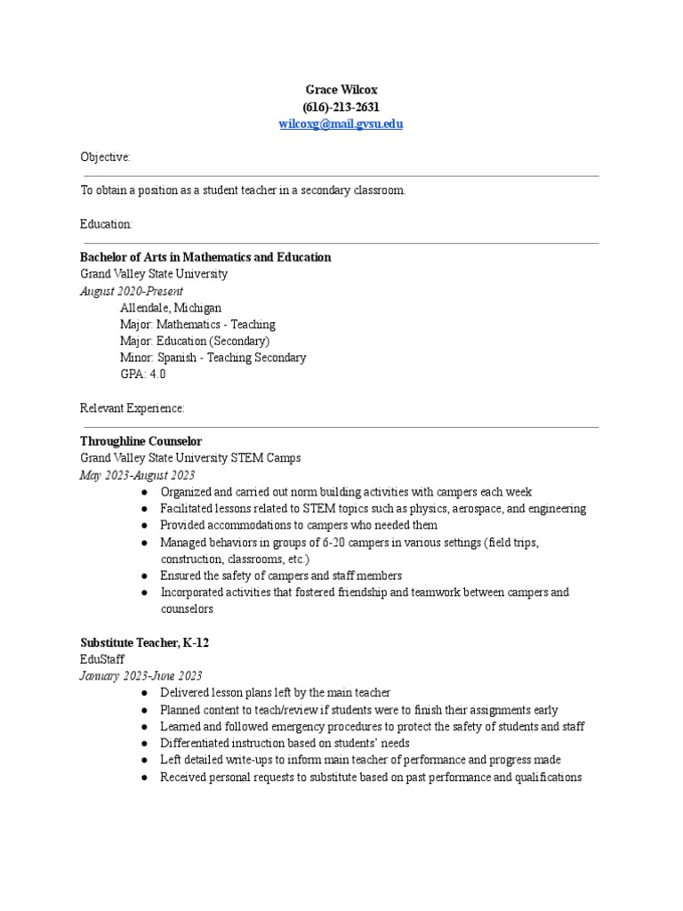 Grace Wilcox (616) - 213-2631: August 2020-Present | PDF | Teachers ...