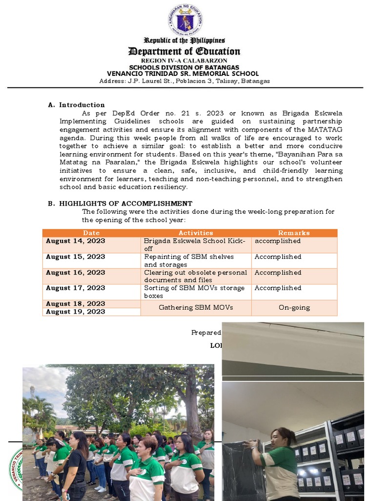 Brigada Eskwela Accomplishment Report | PDF | Learning | Behavior Modification