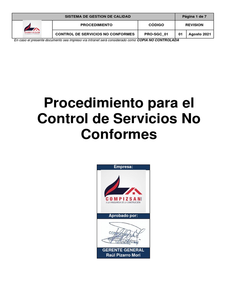 PRO-SGC-01. Procedimiento Para El Control Del Servicio No Conforme | PDF | Sistema de manejo de ...