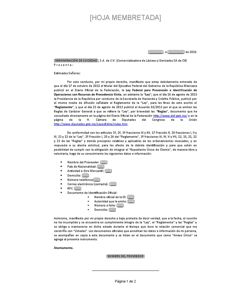 Carta Manifiesto de Cumplimiento LFPIORPI - PF | PDF | Gobierno