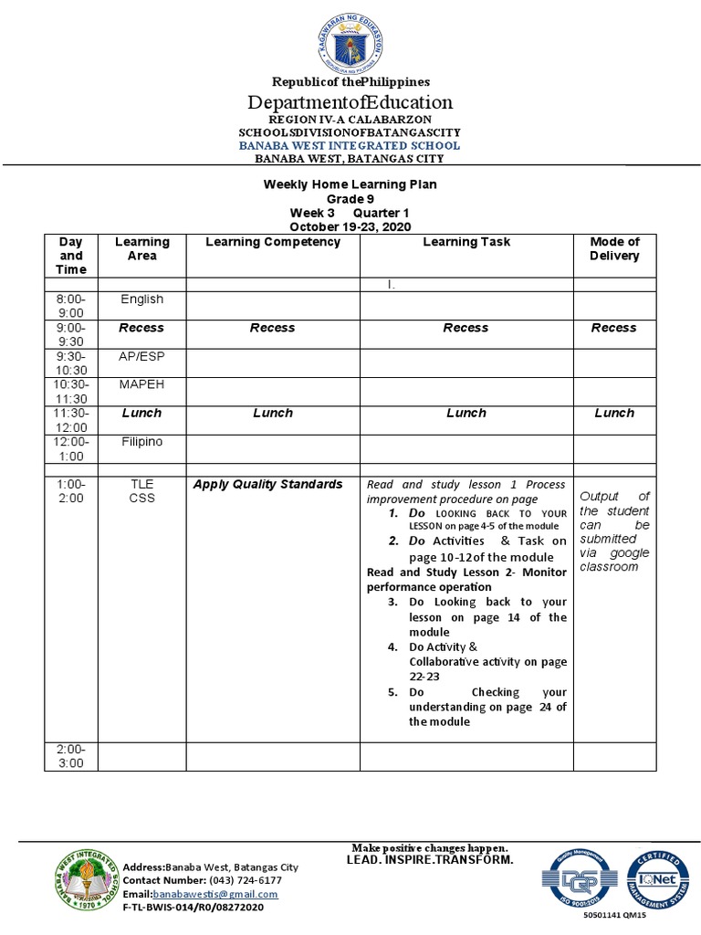 Weekly-Home-Learning-Plan-G9 TLE - CSS | Download Free PDF | Cognition | Behavior Modification