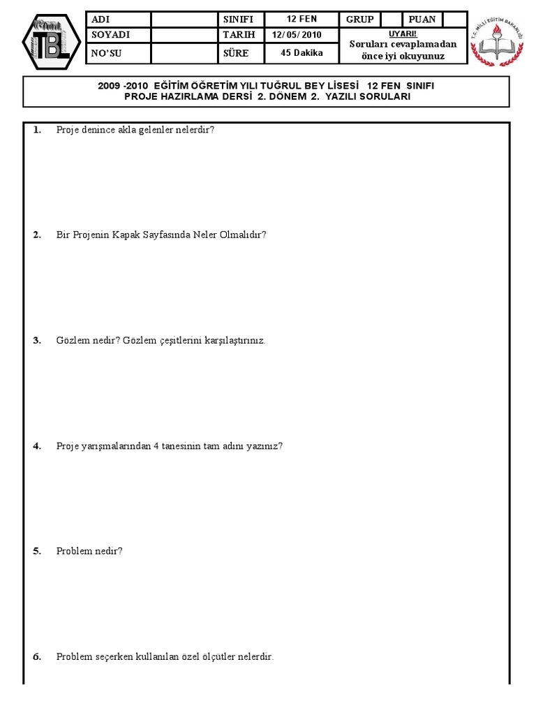 Proje Hazirlama Dersi 1donem 1yazili Sorulari | PDF