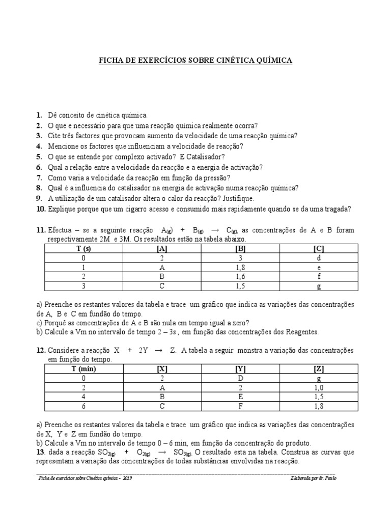 Ficha De Exercicios De Cinetica Quimica Pdf Reações Químicas