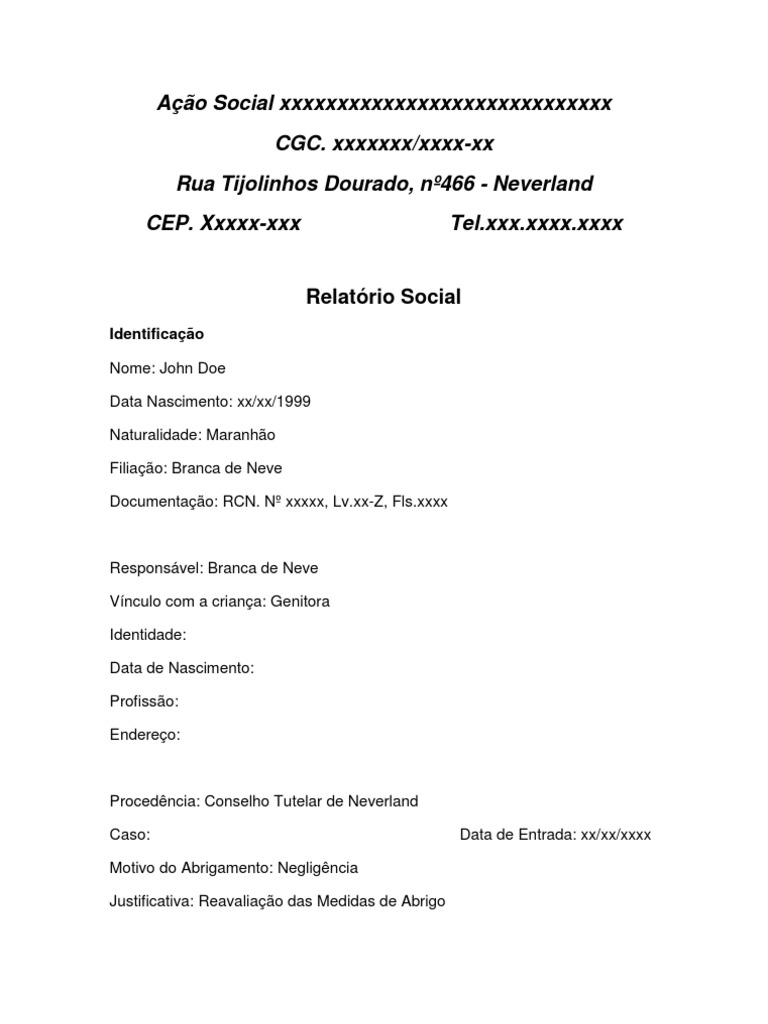 Relatório Social para Abrigamento ou Adoção com Estudo Social