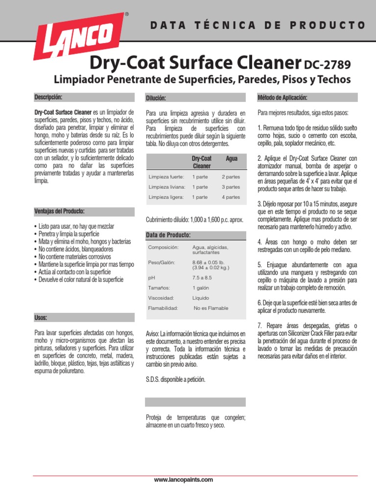 Dry Coat Surface Cleaner DC2789 TDS ESP | PDF | Agua | Materiales