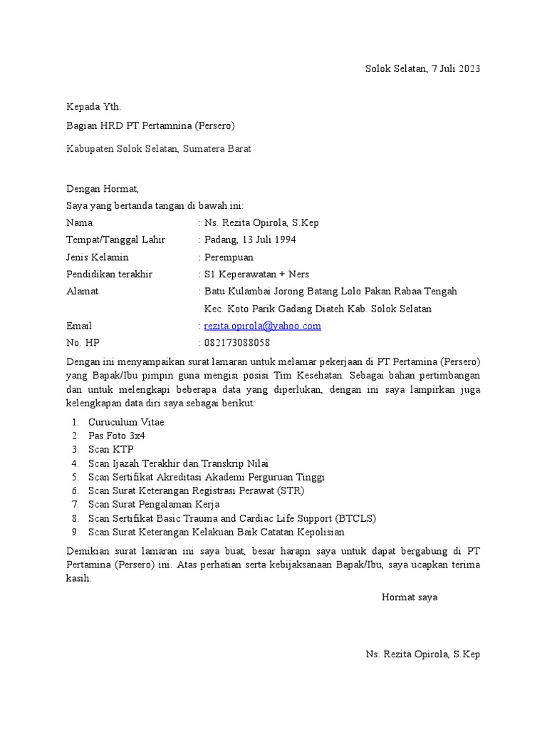 Surat Lamaran PT Pertamina | PDF