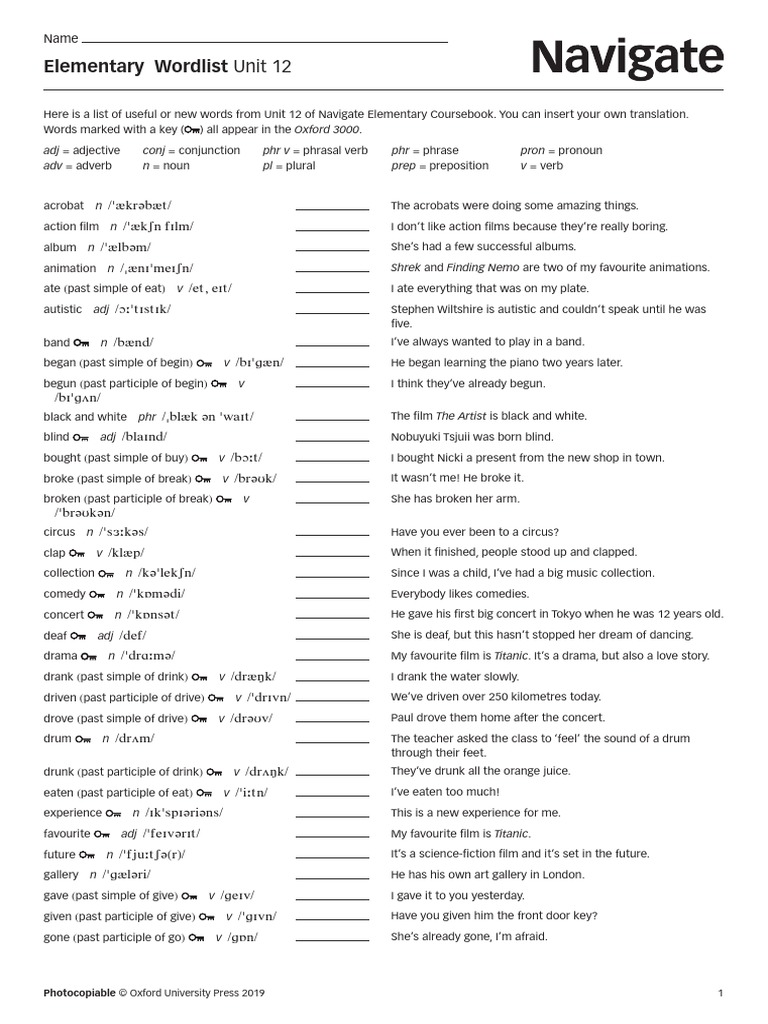 Navigate Elementary Wordlist Unit 12 | PDF | Verb | Grammar