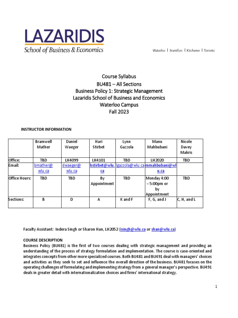 BU481 Business Policy Course Syllabus | PDF | Strategic Management ...