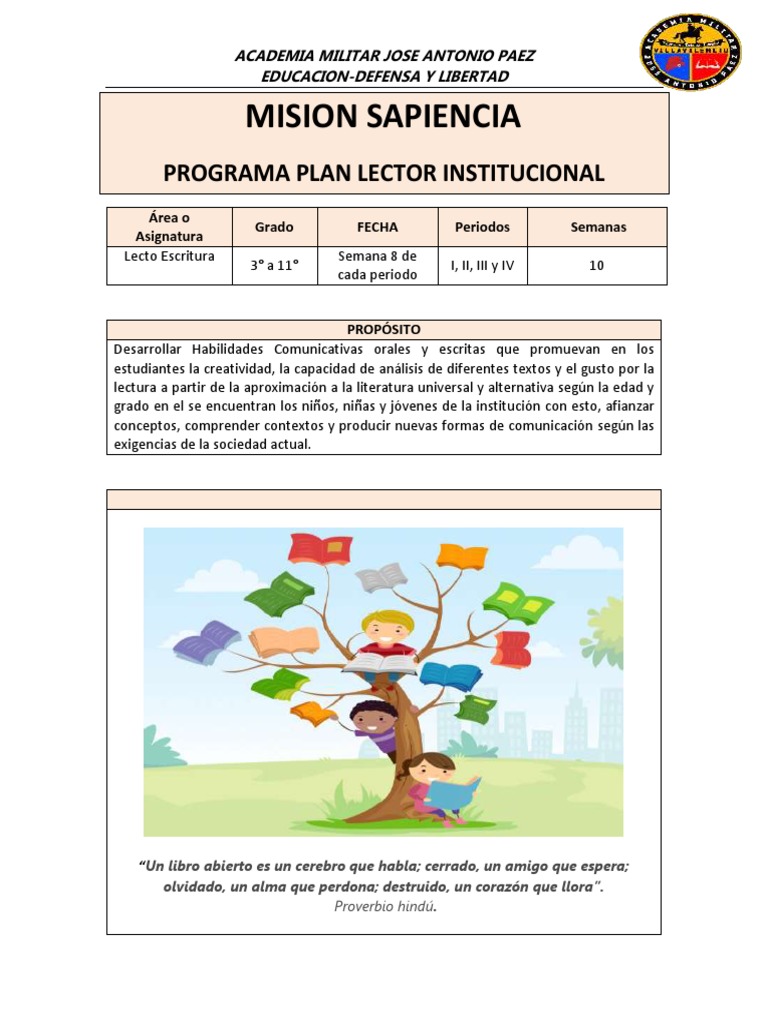 Plan Lector Academia Militar Jose Antonio Paez | PDF | Escritura | Aprendizaje