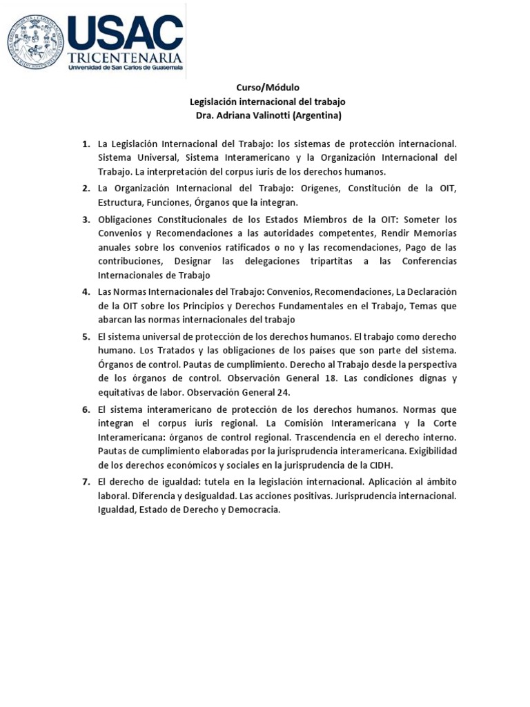 Programa Legislación Internacional Del Trabajo Dra. Adriana Valinotti ...