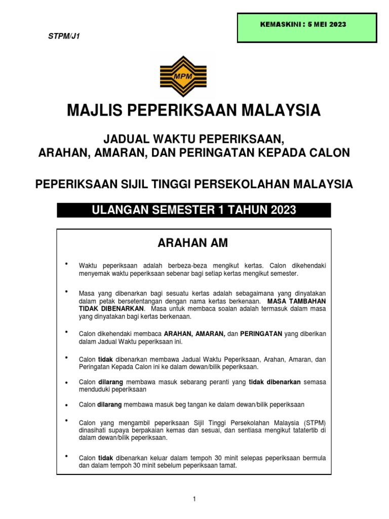 Jadual Peperiksaan STPM Ulangan 2023 | PDF