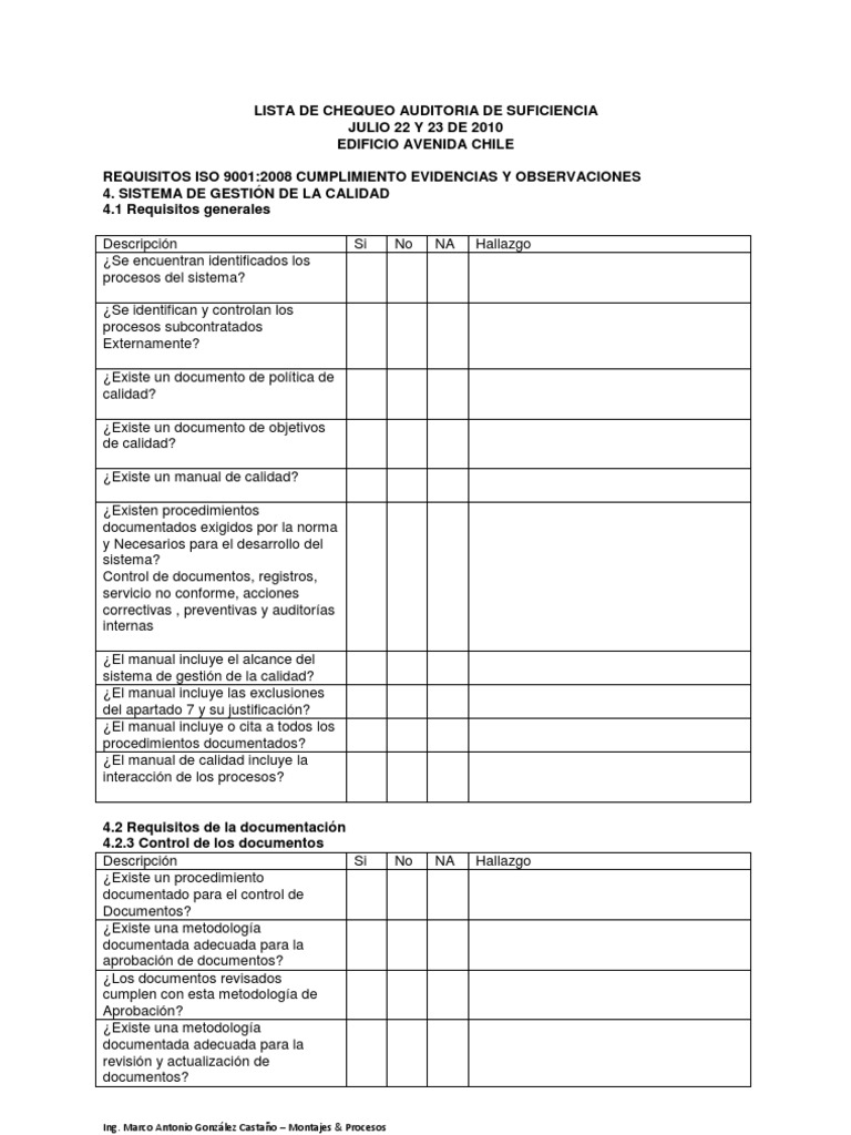 Lista Chequeo Iso 9001 | Gestión de la calidad | Calidad (comercial)