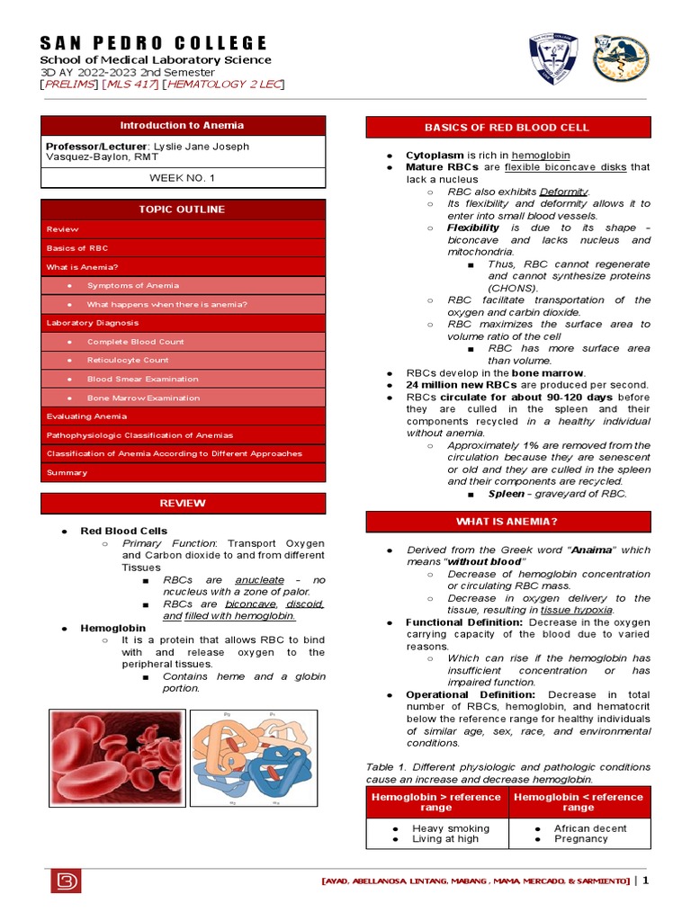Lesson 1 - Introduction To Anemia | PDF | Red Blood Cell | Anemia