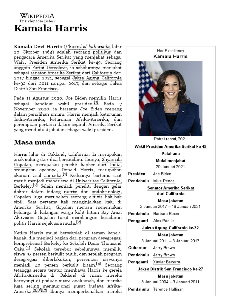 Kamala Harris - Wikipedia Bahasa Indonesia, Ensiklopedia Bebas | PDF ...