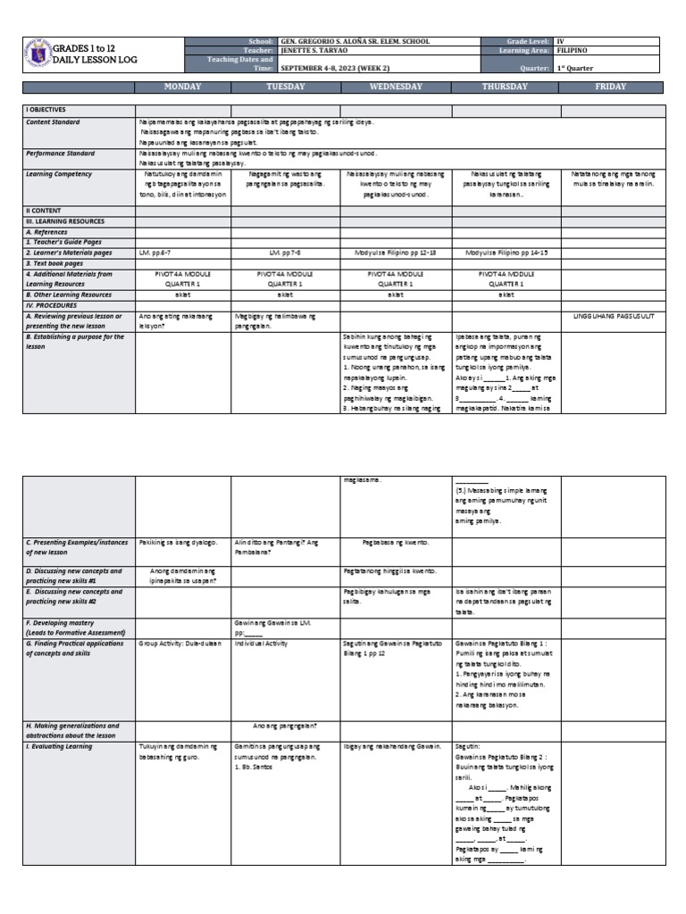 DLL Filipino-4 Q1 W2 | PDF
