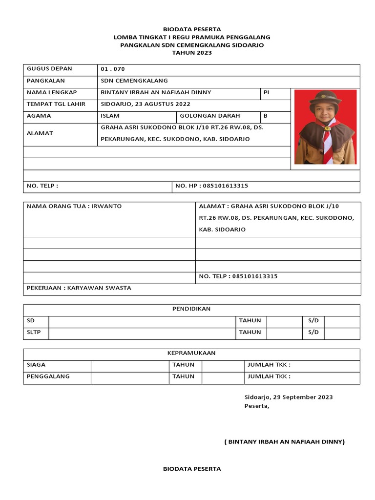 Form 05 BIODATA PESERTA. Lt. 1 | PDF