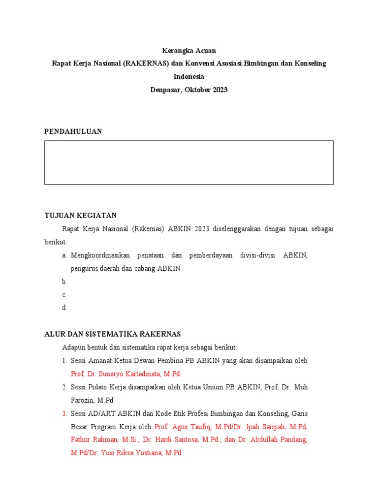 Kerangka Acuan Rakernas Dan Konvensi Abkin 2023 | PDF
