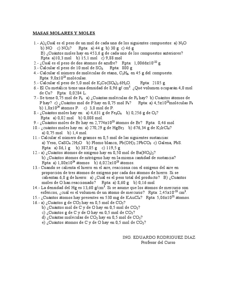 Ejercicios - Masas Molares y Moles | PDF | Mole (Unidad) | Sistema ...