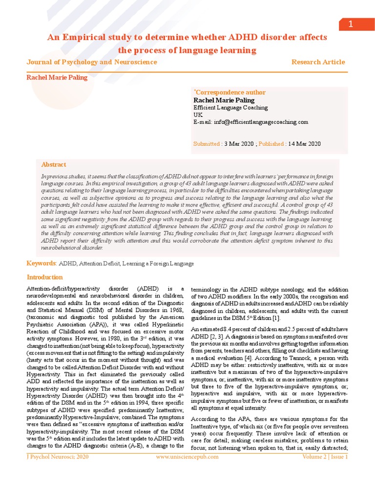 An Empirical Study To Determine Whether ADHD Disorder Affects The Process of Language Learning ...