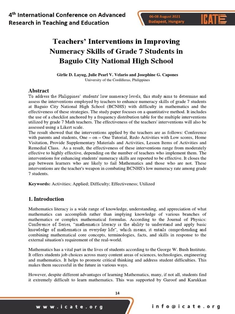 Teachers' Intervention in Improving Numeracy Skills of Grade 7 Students ...