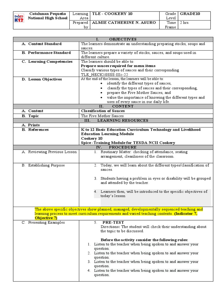 LESSON PLAN - Classification of Sauces - ASURO | PDF | Sauce | Learning