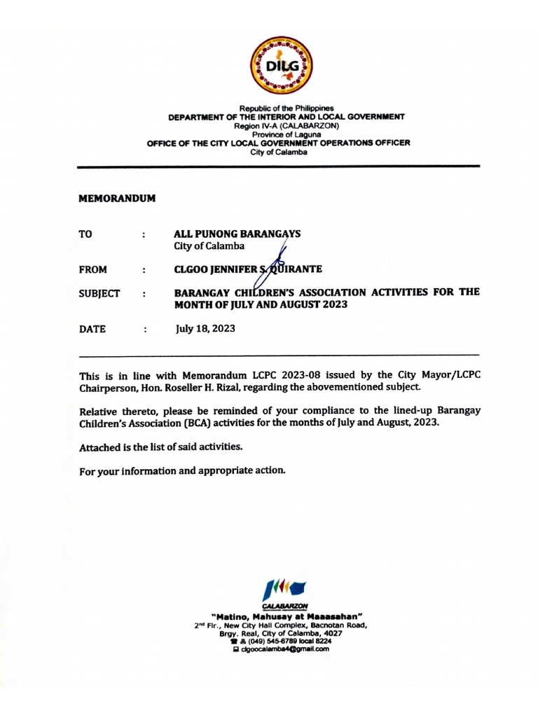 BCPC 2023 - MEMO - BCA Activities For Jul-Aug | PDF