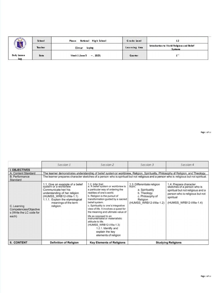 World Religions Lesson Plan for Grade 12 | PDF | Learning | Cognition