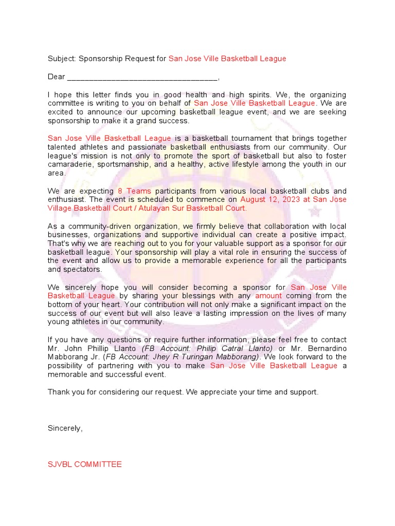 Solicitation Letter For Basketball League 2.0 | PDF