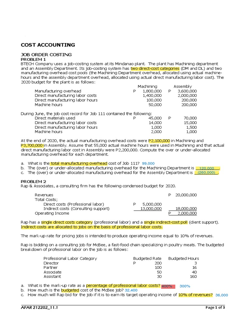 AFAR - 11.1-Cost Accounting (Job Order and Process Costing) | Download Free PDF | Financial ...