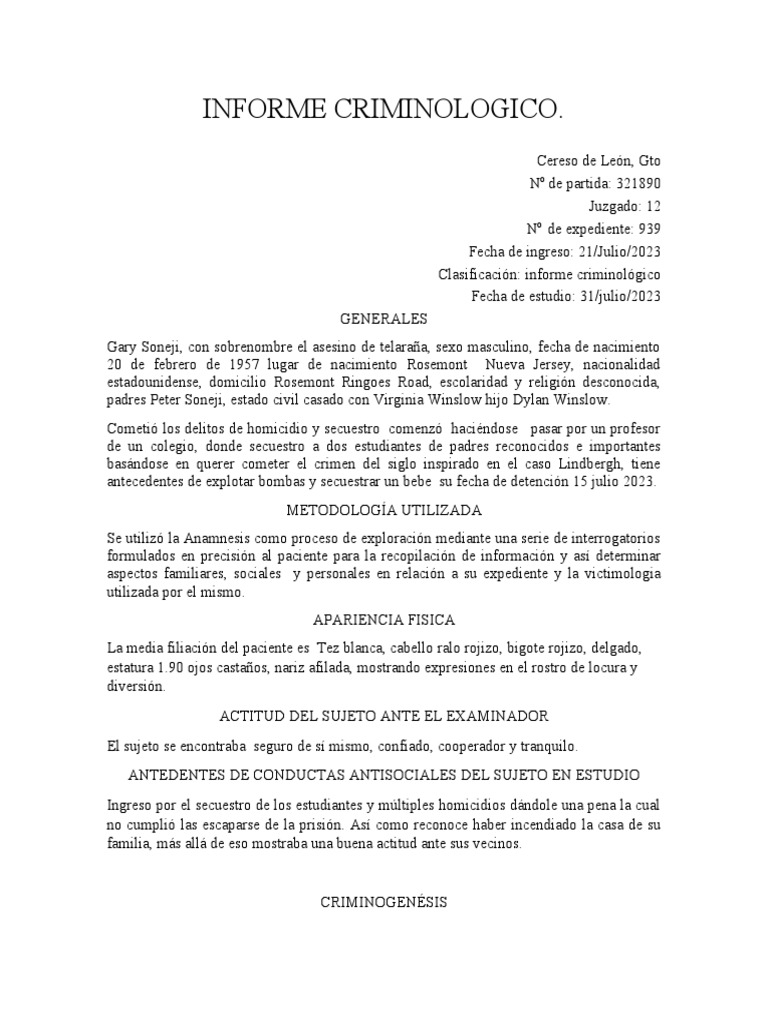 Informe Criminológico de Gary Soneji | PDF | Sicología | Criminología