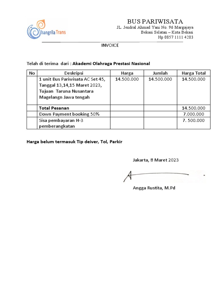Invoice Sewa Bus Pariwisata 2023 | PDF