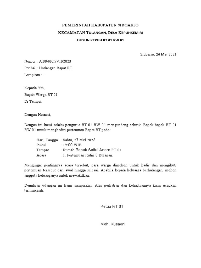 Contoh Surat Undangan Rapat RT Sederhana | PDF