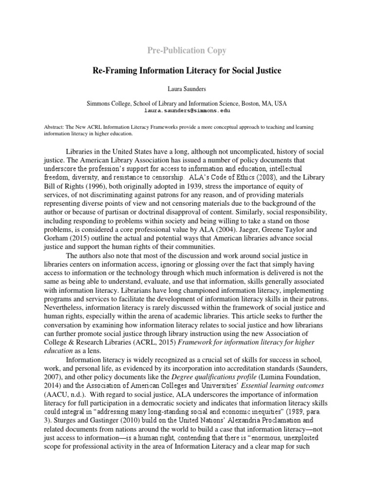 SAUNDERS ReFraming Information Literacy For Social Justice | PDF ...