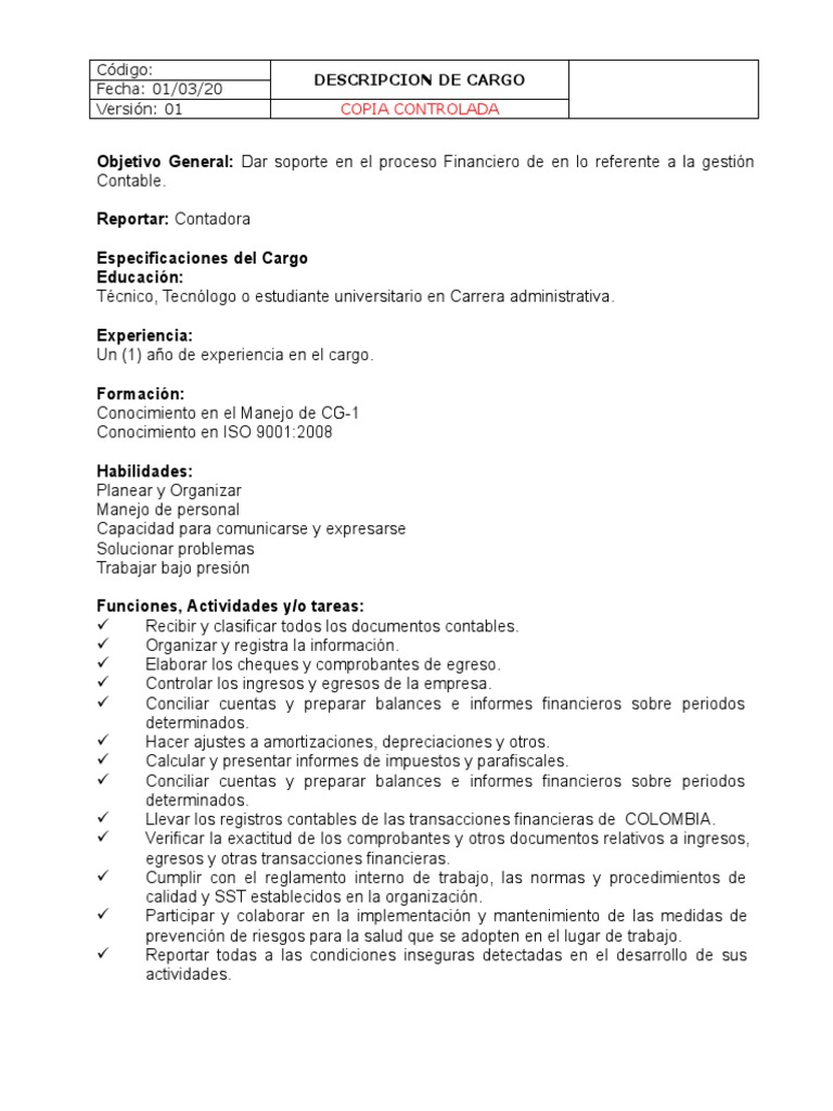 Descripcion de Cargo - Aux Contable | PDF | Contabilidad | Economias