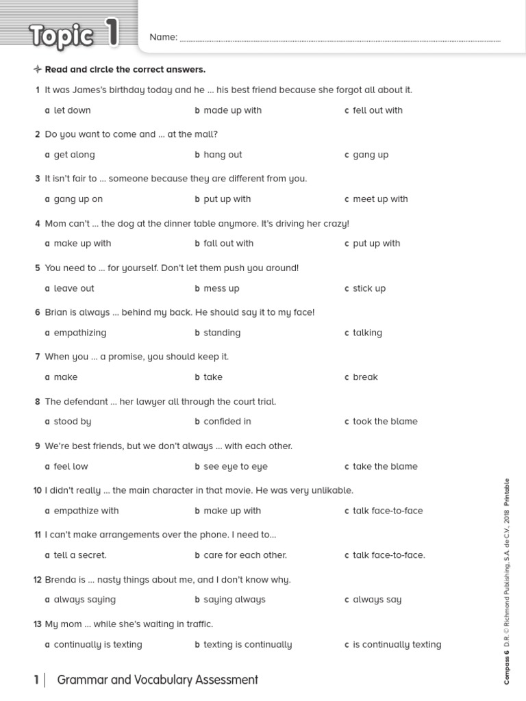 1 Grammar and Vocabulary Assessment | PDF | Grammar