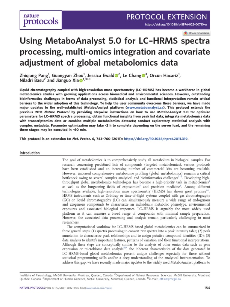 Using Metaboanalyst 5.0 For LC - Hrms Spectra Processing, Multi-Omics Integration and Covariate ...