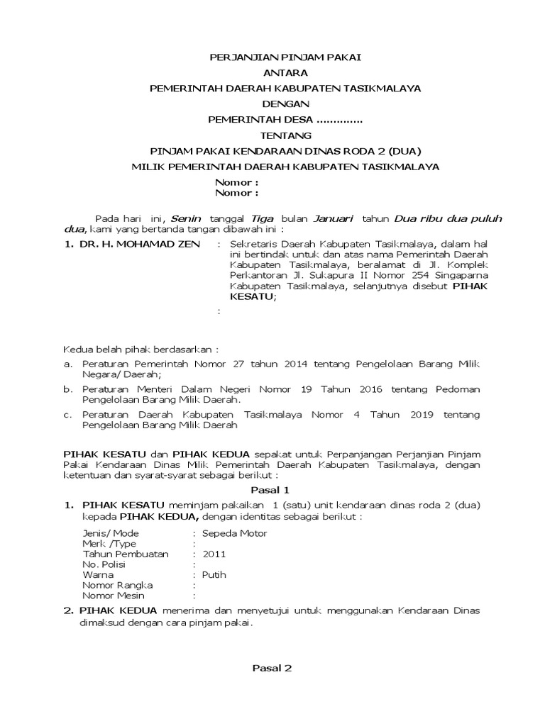 Format Pinjam Pakai Kendaraan Dinas Roda 2 | PDF