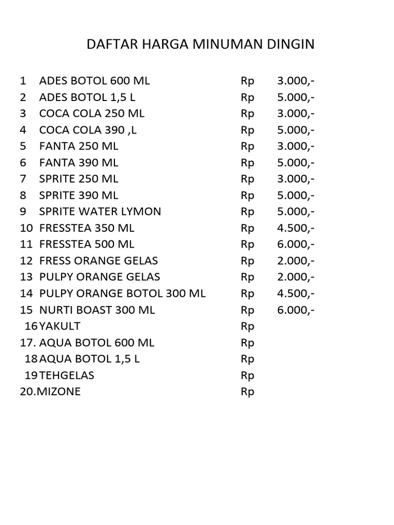 Daftar Harga Minuman Dingin | PDF | Wellness